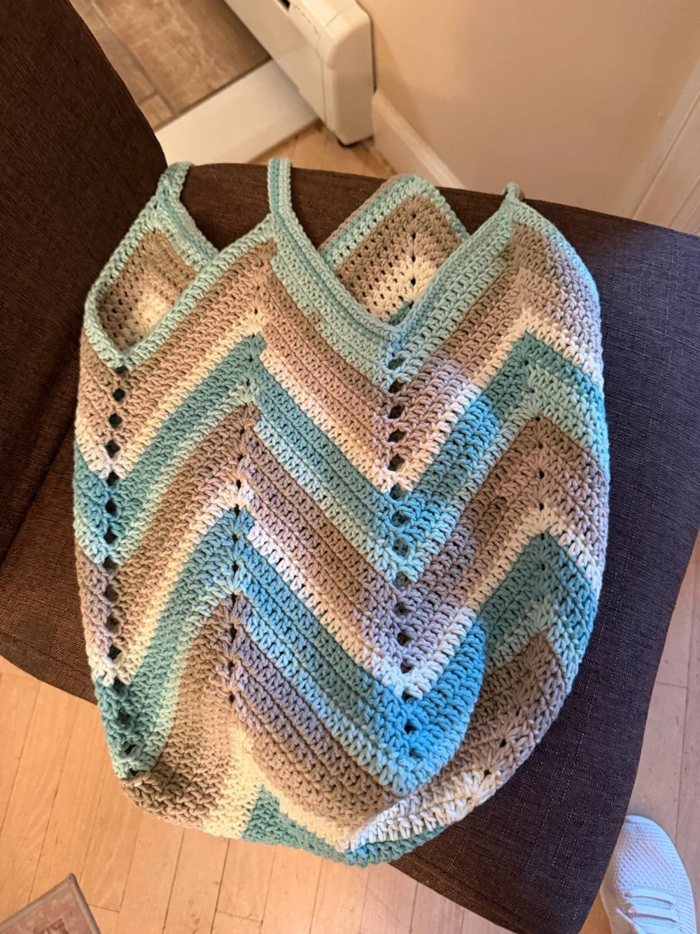 Bags | Handmade Crochet Tote Bag Beach Shoulder Bag Aqua Taupe Cream ...